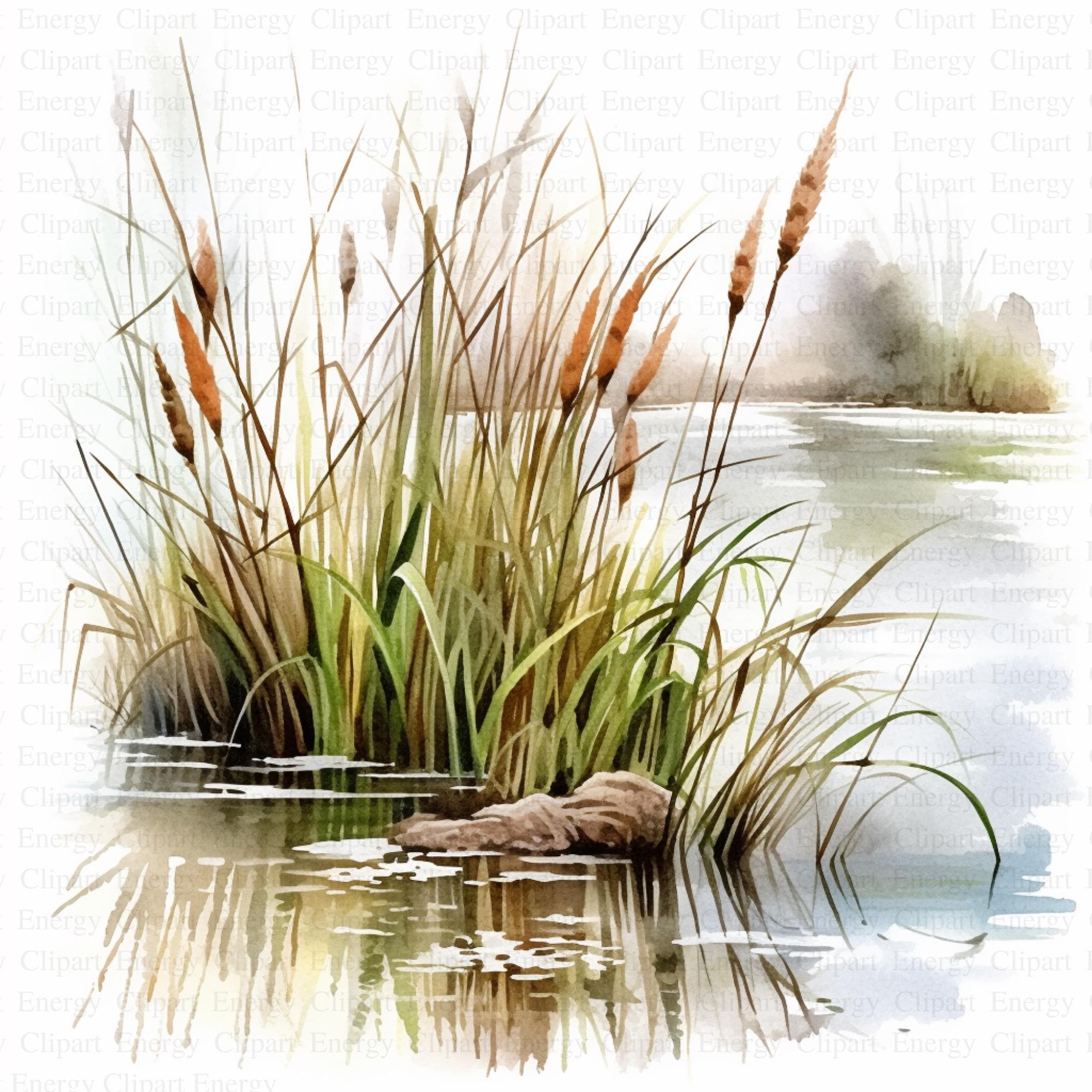 Cattails and Reeds in Water Pond Clipart 5 High Quality Jpgs Instant ...