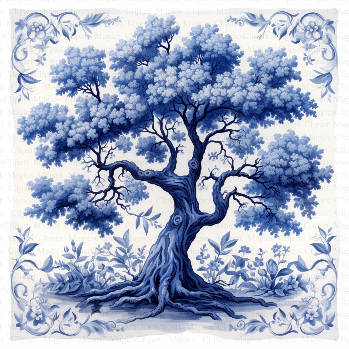 Blue Delft Trees Clipart 5 High Quality Jpgs Digital Download Vintage Illustration Tree Clipart ...