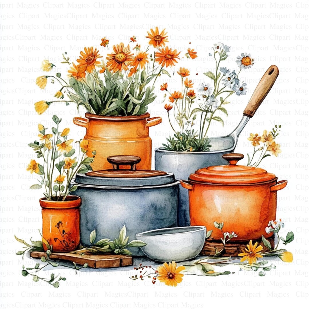 Pots and Pans, Kitchen Flowers Clipart | 5 High Quality Jpgs | Digital ...