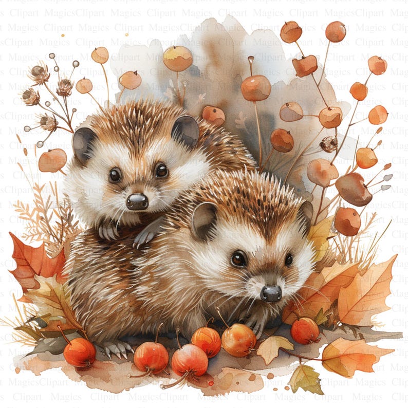 Hedgehogs in Autumn Leaves Clipart 5 High Quality Jpgs Digital Download ...