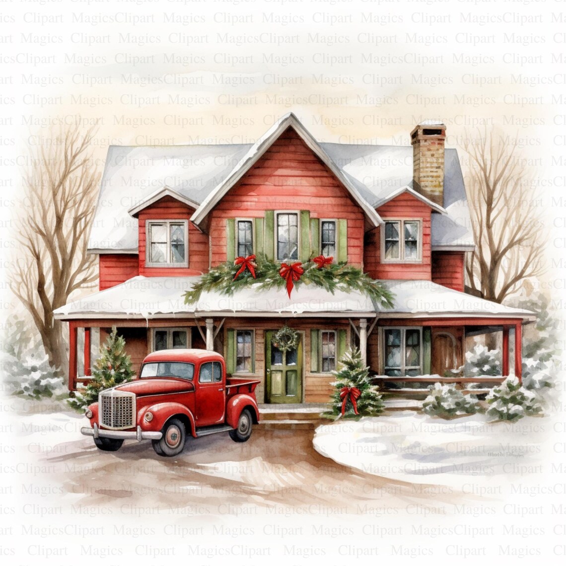 Watercolor Christmas Farmhouse Clipart | Red Truck, Holiday Decor ...