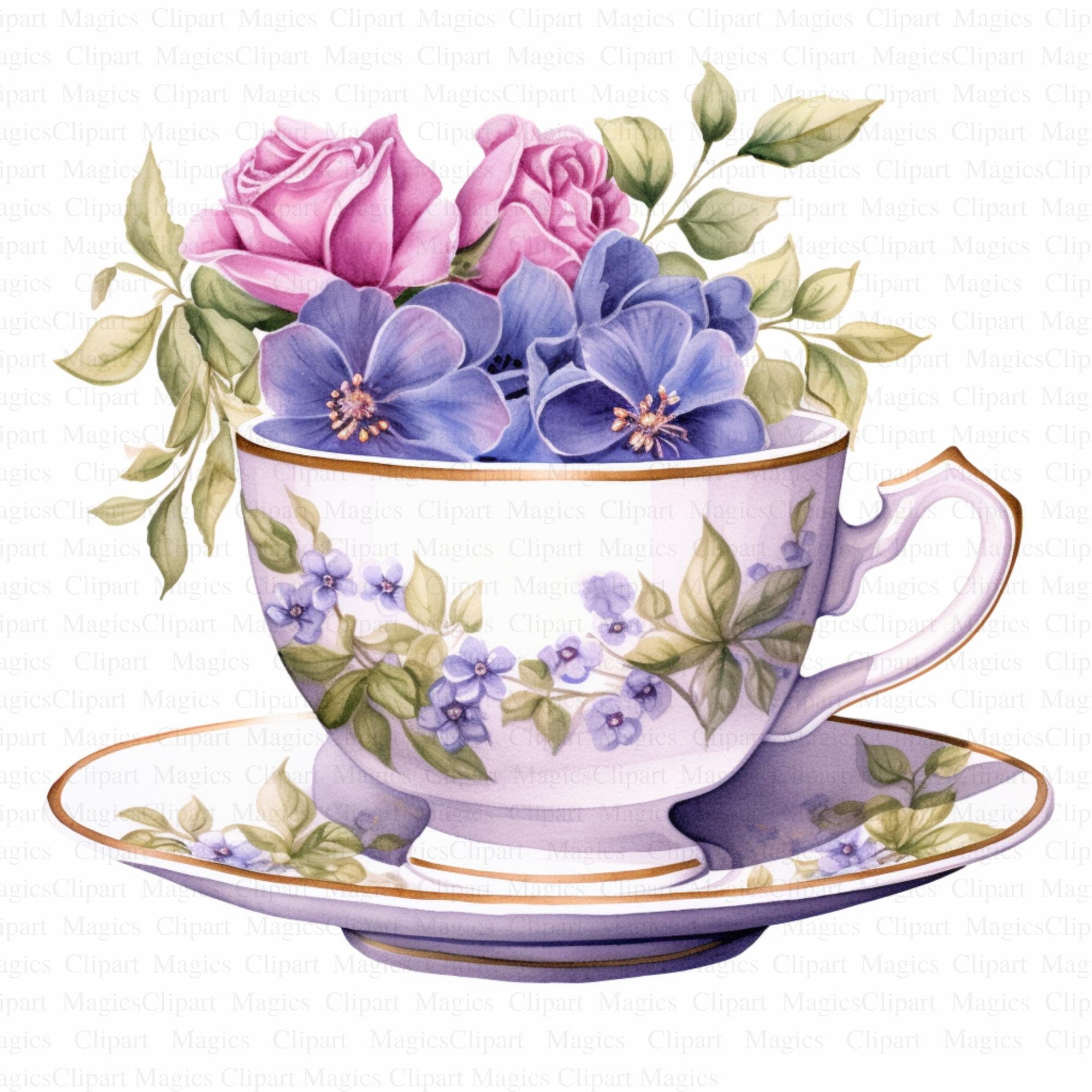 Floral Tea Cup Clipart 5 High Quality Jpgs Digitaldownload Floral Tea ...