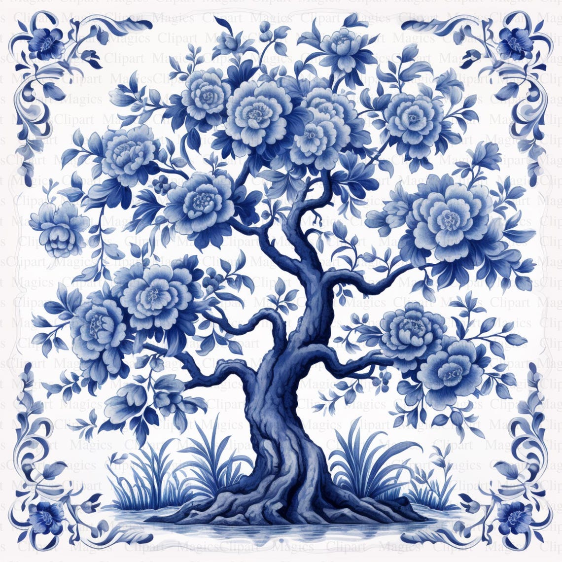 Blue Delft Trees Clipart 5 High Quality Jpgs Digital Download Vintage ...