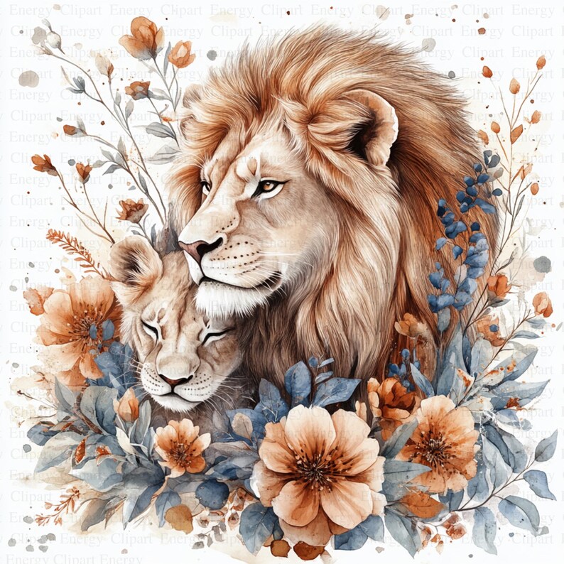 Watercolor Floral Lions Clipart 5 High Quality Jpgs Instant Digital ...