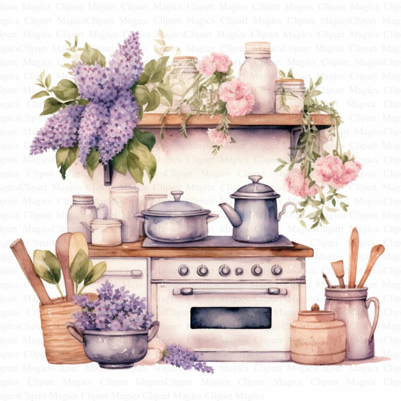 Vintage Floral Kitchen Clipart 5 High Quality Jpgs Digital Download ...
