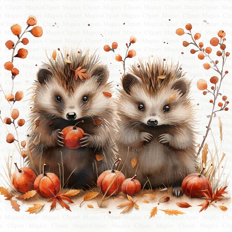 Hedgehogs in Autumn Leaves Clipart 5 High Quality Jpgs Digital Download ...