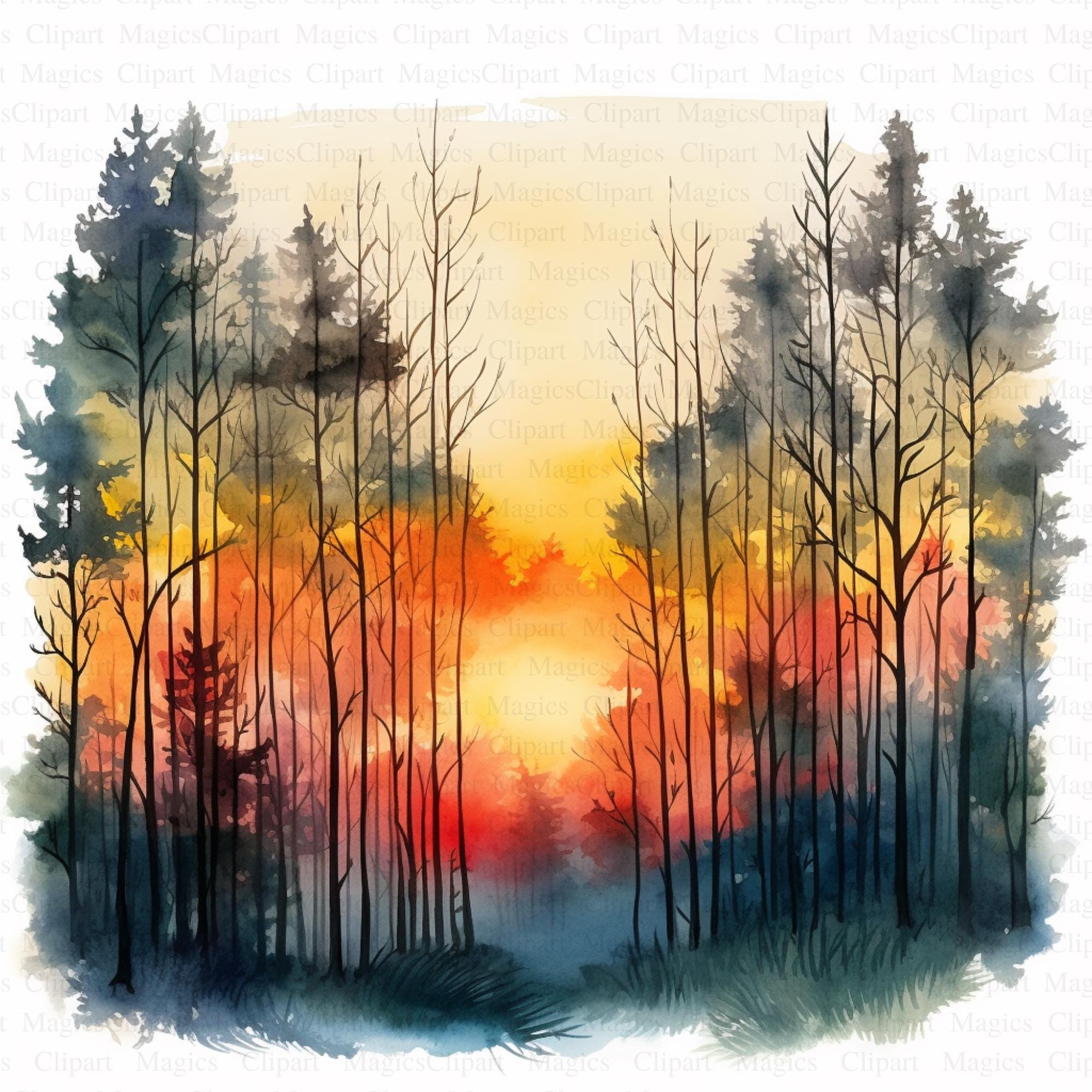 Sunset Forest Clipart 5 High Quality Jpgs Digitaldownload Card Making ...
