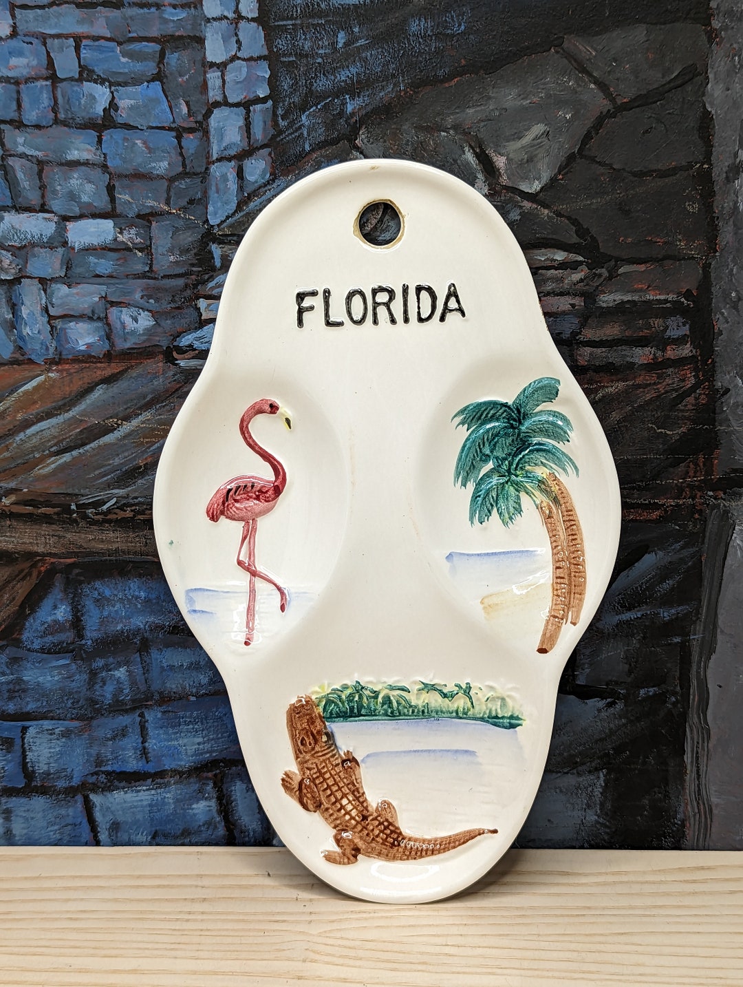 FLORIDA Collectible Souvenir Ceramic Spoon Rest Vtg Kitchen Flamingo ...