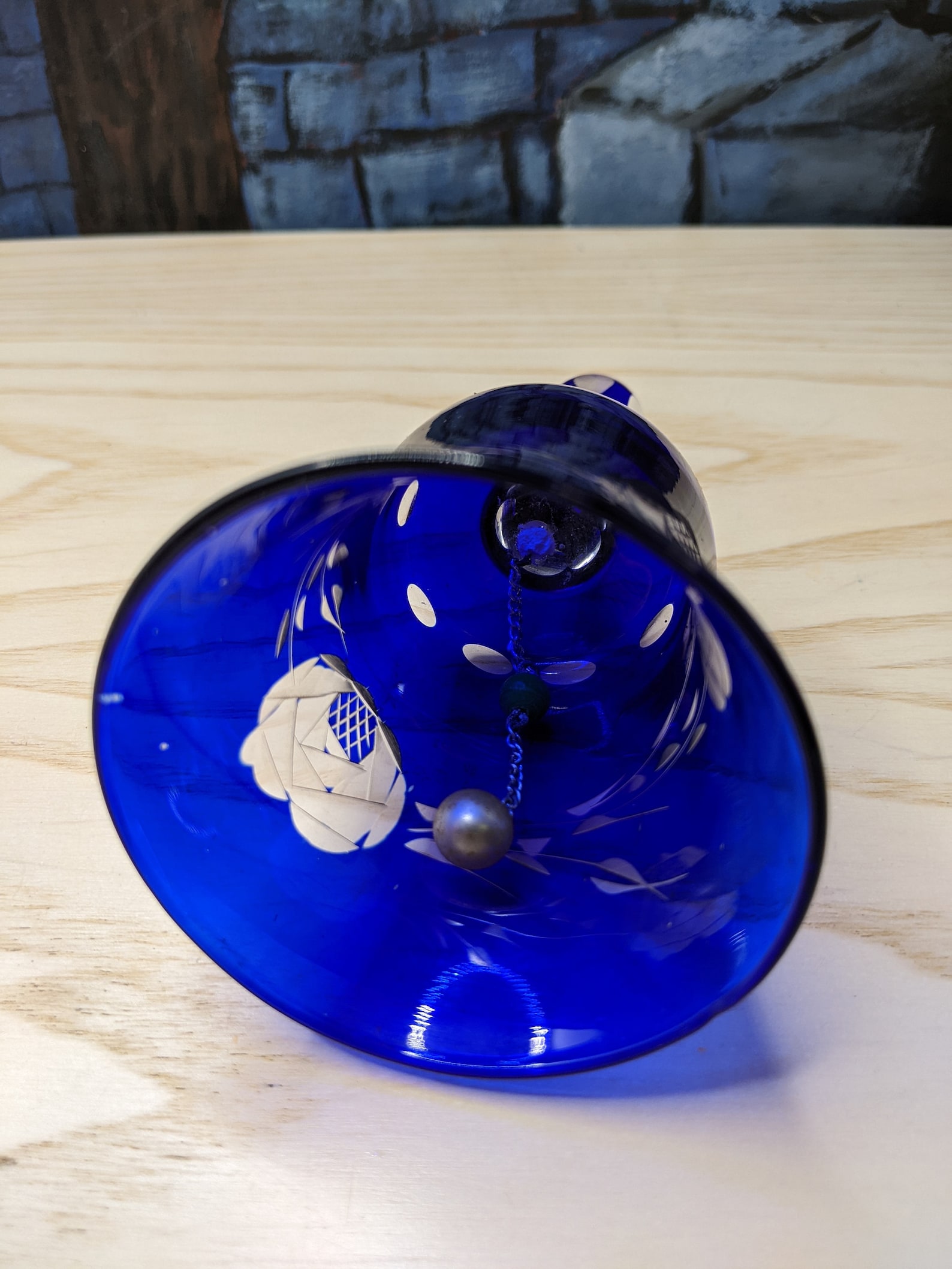Vintage Cobalt Blue Glass Bell Cut To Clear Etched Bohemian Etsy