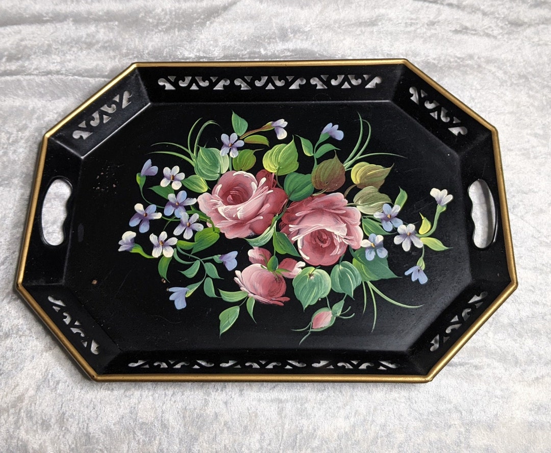 Vintage Hand Painted Floral Tole Waretray Pilgrim Art #148 Pink Red ...