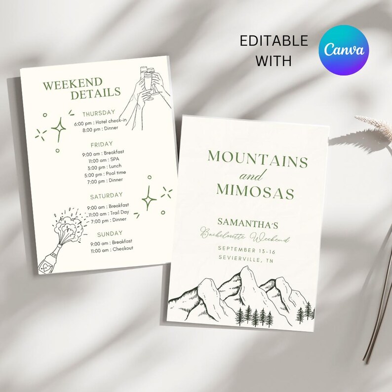 Mountains & Mimosas Bachelorette Itinerary Template: Editable Canva ...