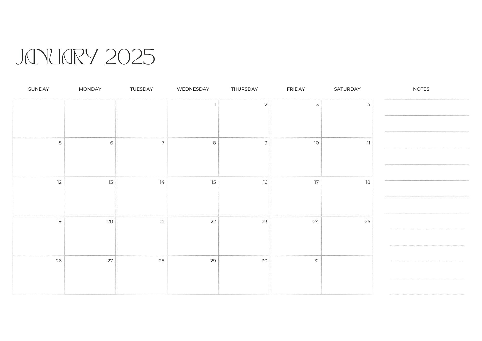 Simple Aesthetic Printable Calendar | Black and White Digital Calendar ...