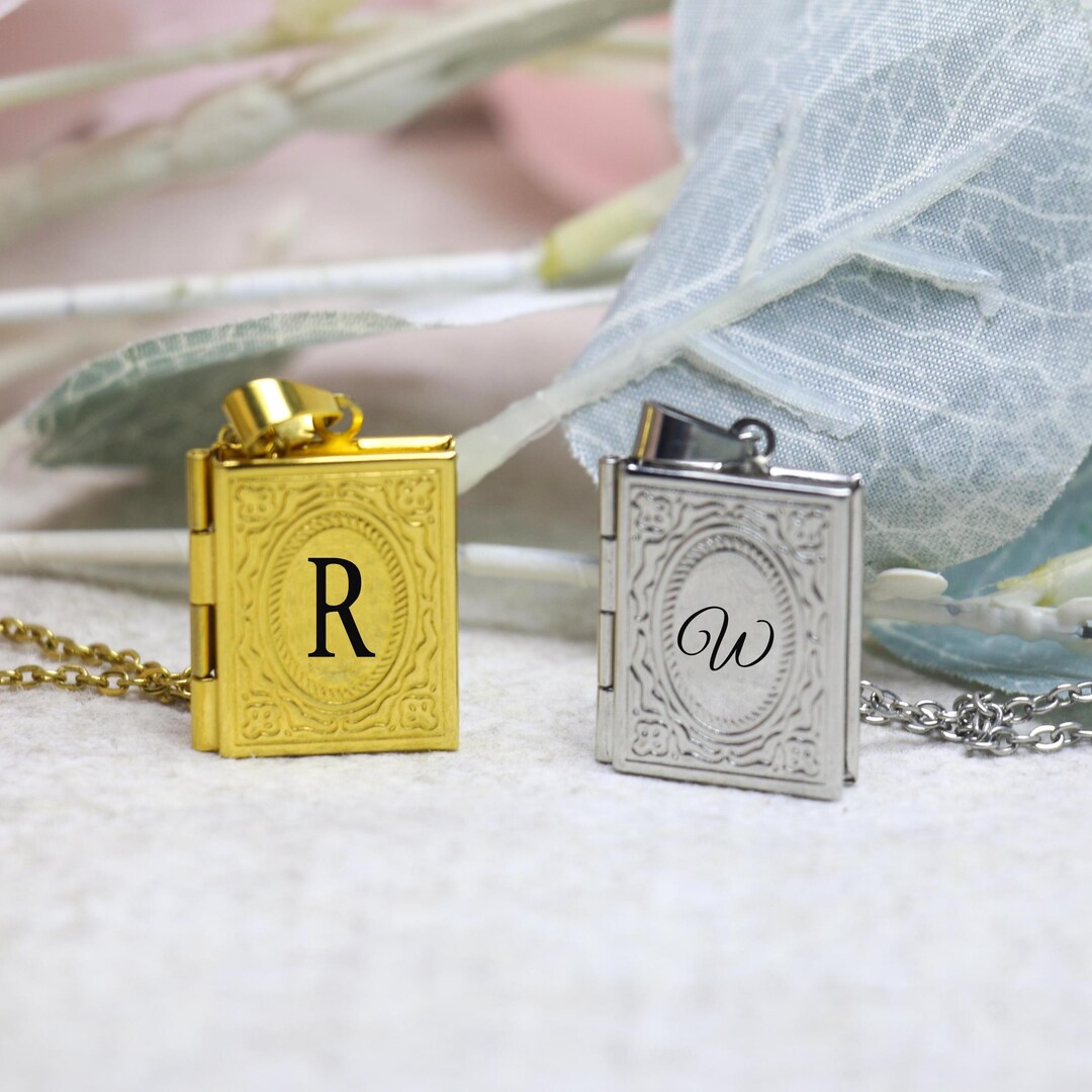 Silver Book Locket Necklace, Locket With Photo, Engraved Necklace for ...