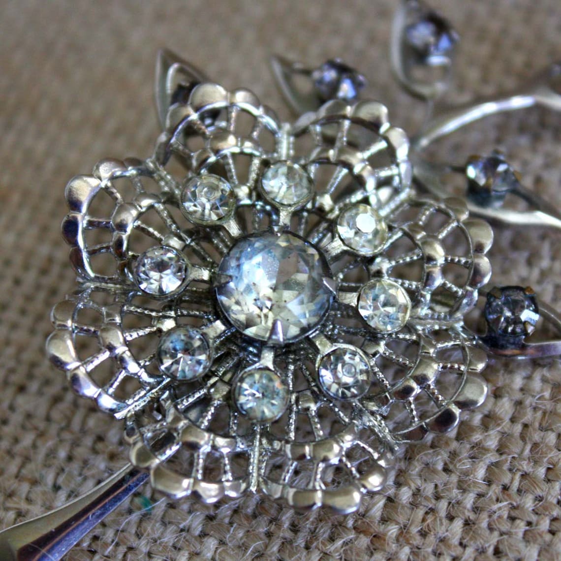 Rhinestone Flower and Leaf Brooch - Vintage Costume Jewelry - Etsy