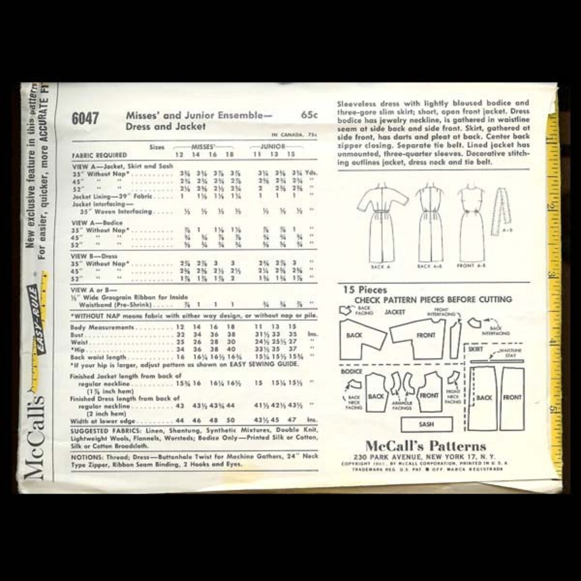 1961 Misses and Junior Ensemble-dress and Jacket Mccalls Pattern 6047 ...