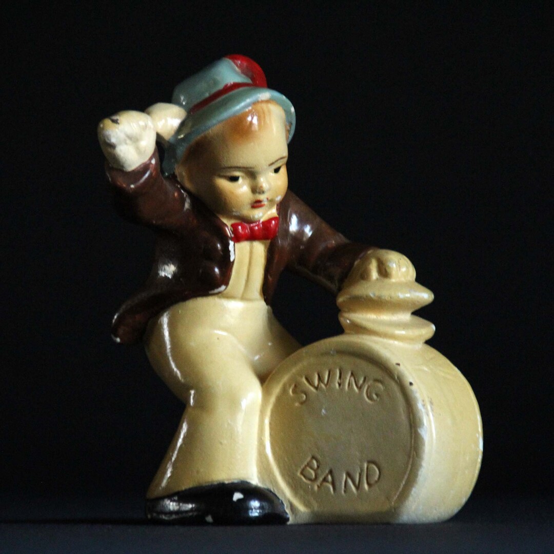 Vintage Chalkware Swing Band Drummer With Cymbals Figurine - Ceramic ...