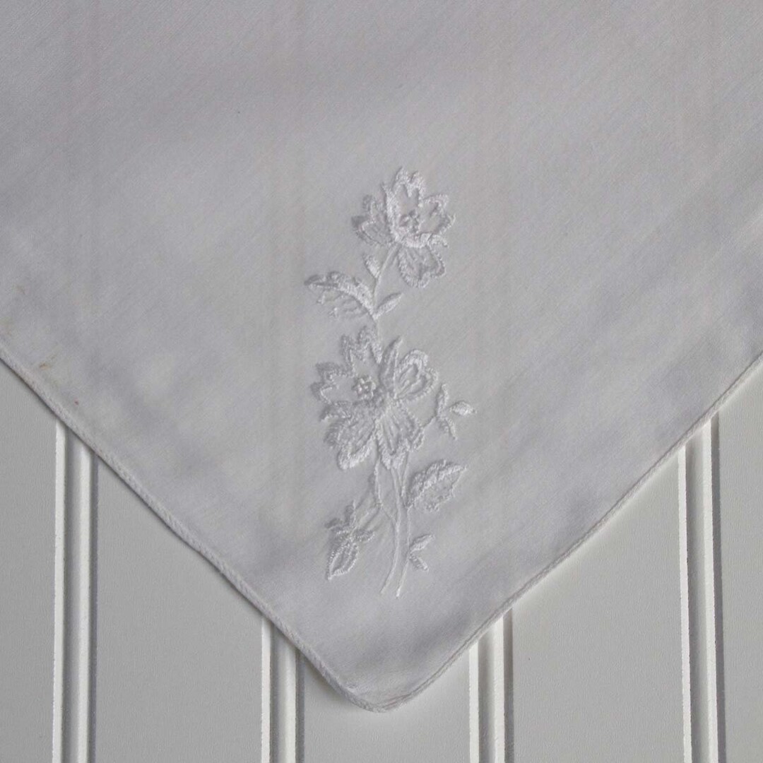 Vintage Handkerchief in White With Embroidered White Floral Design - Etsy