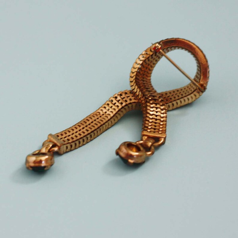 Gold Ribbon Loop Brooch With Green Rhinestones Vintage - Etsy