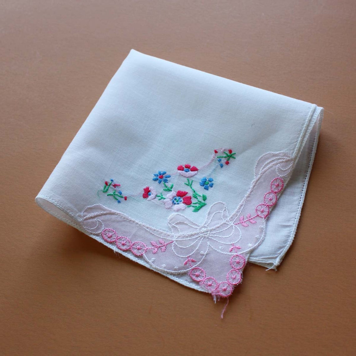 Vintage Handkerchief With Floral Applique and Embroidery Embellishments ...