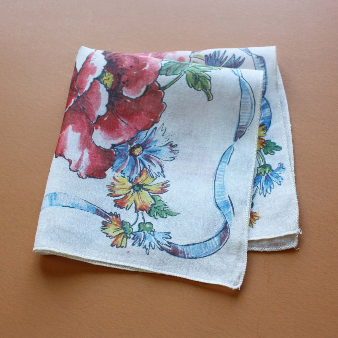 Vintage Handkerchief with Printed Floral Design | Etsy