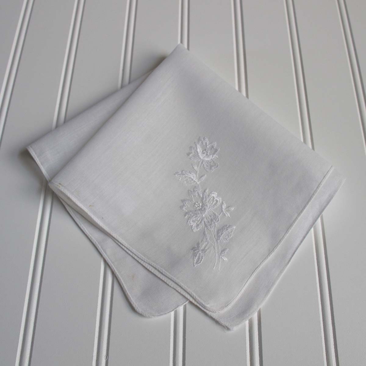 Vintage Handkerchief in White With Embroidered White Floral Design - Etsy