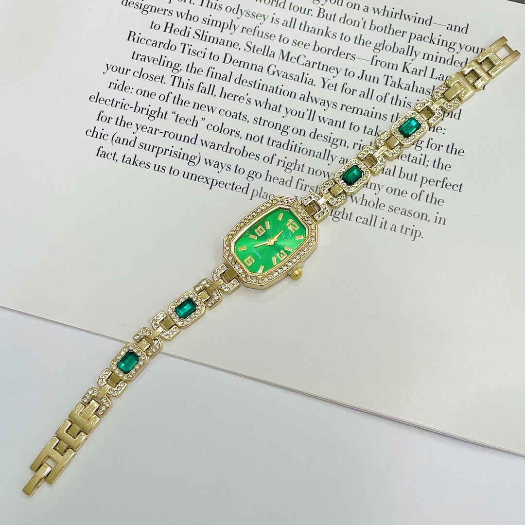 Diamond Encrusted Quartz Green Watch,oval Square Women's Green Watch ...