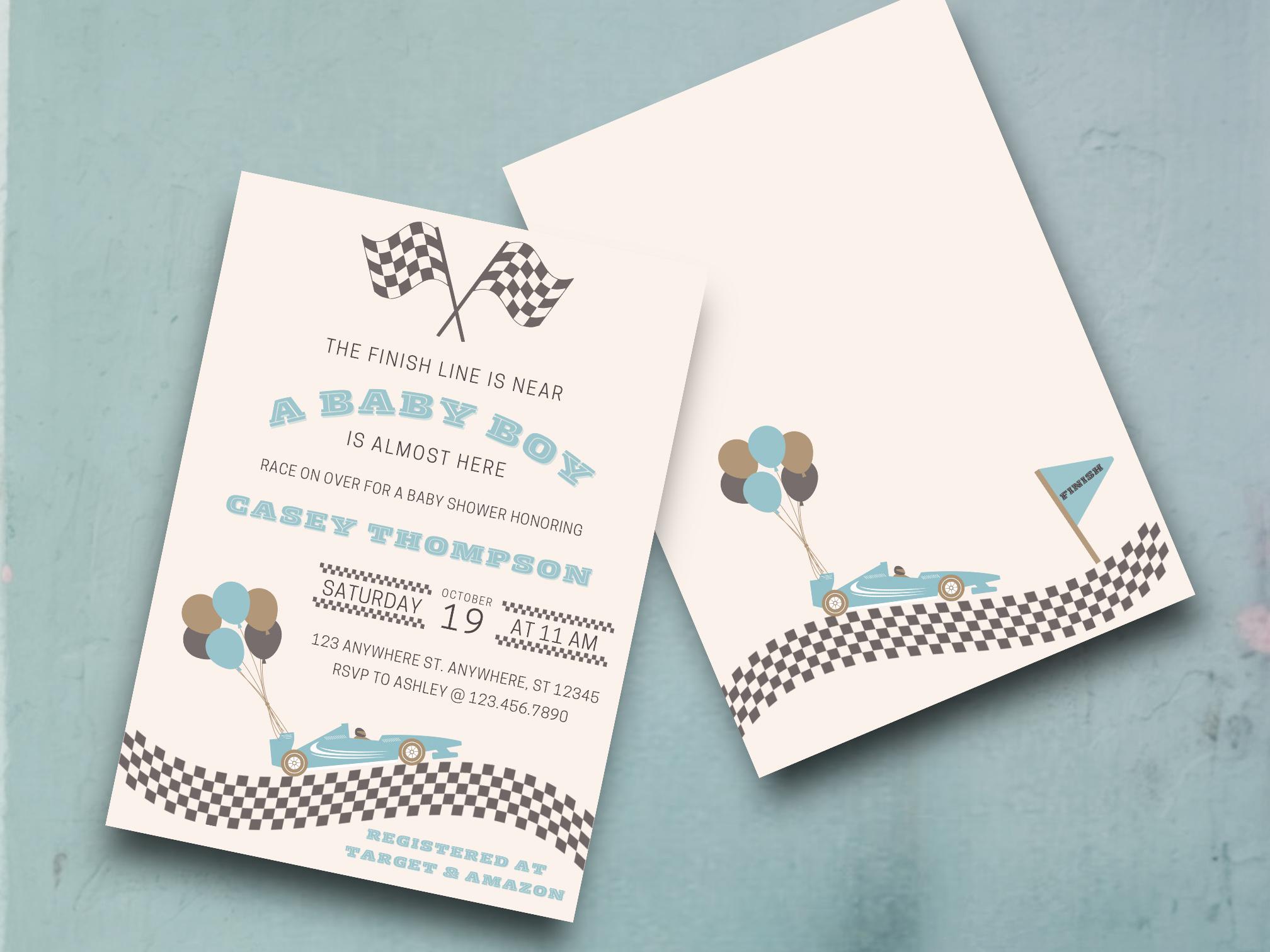 Checkered Race Car Baby Boy Shower Invitation Template, Editable Baby ...