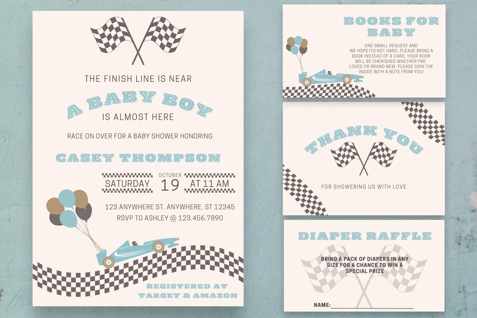Checkered Race Car Baby Boy Shower Invitation Template, Editable Baby ...