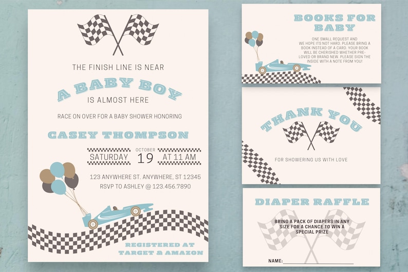 Checkered Race Car Baby Boy Shower Invitation Template, Editable Baby ...