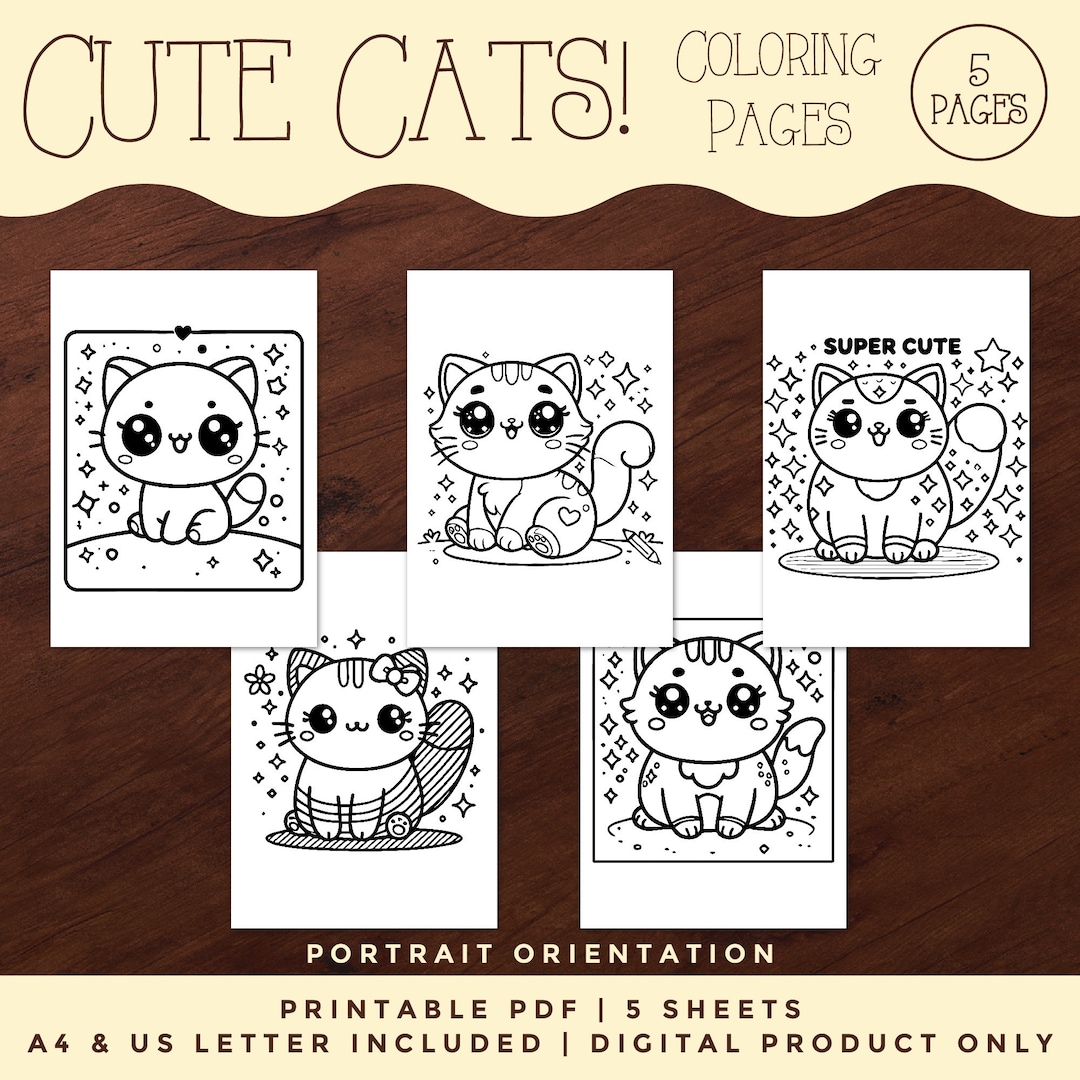Cute Cat Coloring Pages, Kids Cat Coloring Sheets, Printable PDF ...