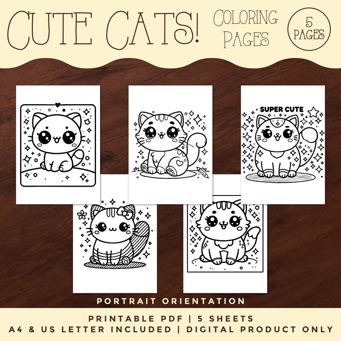 Cute Cat Coloring Pages, Kids Cat Coloring Sheets, Printable PDF ...