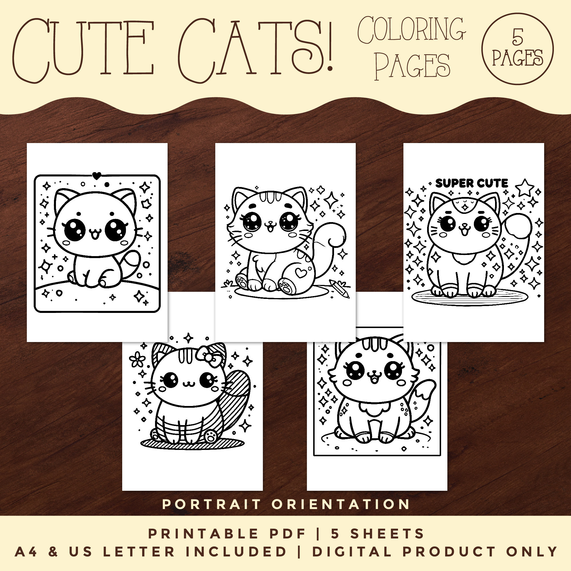 Cute Cat Coloring Pages, Kids Cat Coloring Sheets, Printable PDF ...