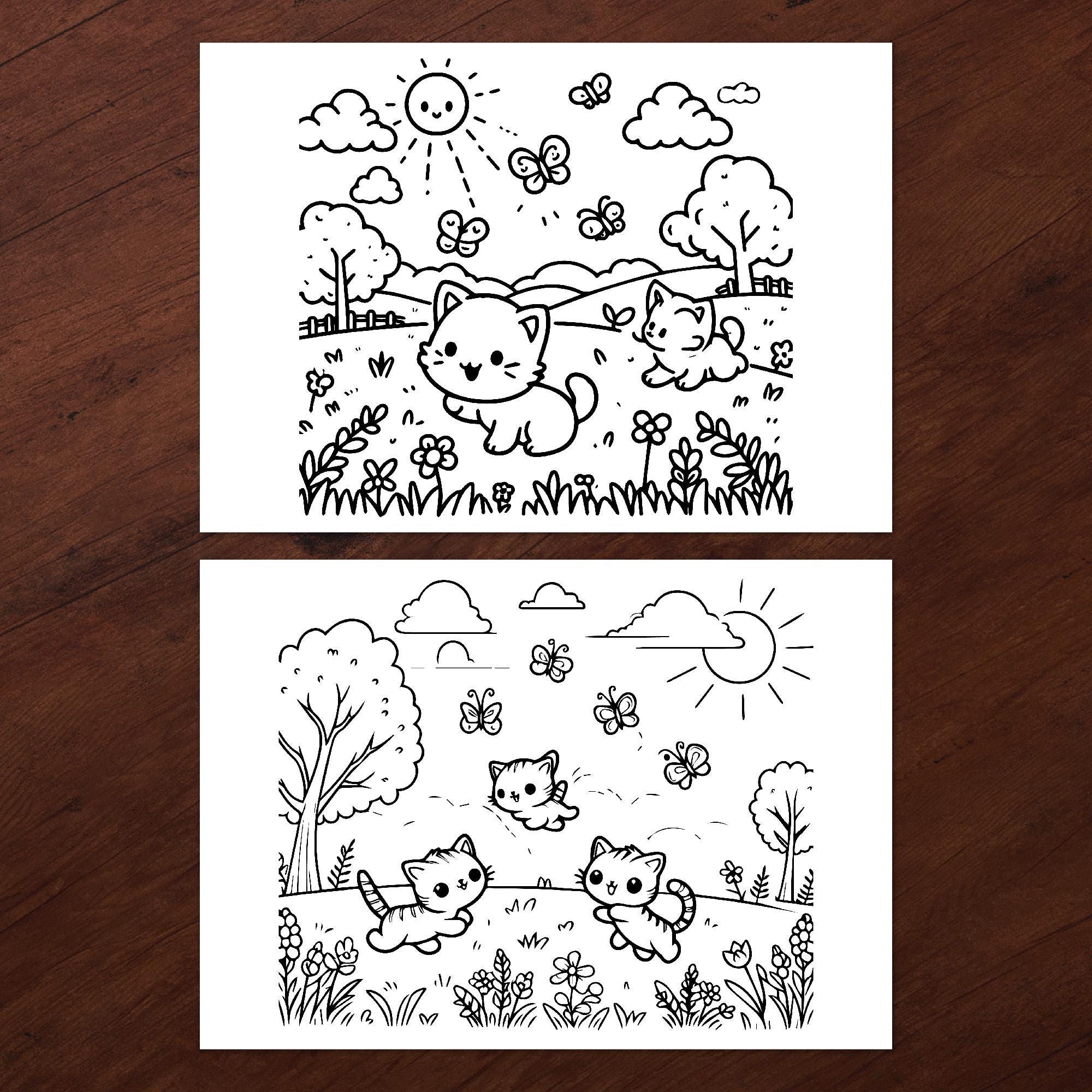 Cats at the Park Coloring Pages, Kids Cute Cat Coloring Sheets ...