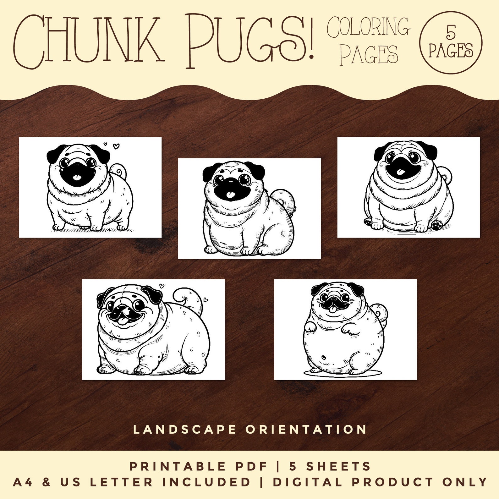 Fat Pugs Coloring Pages, Kids Dog Coloring Sheets, Printable PDF, Digital Files, Kids Coloring ...