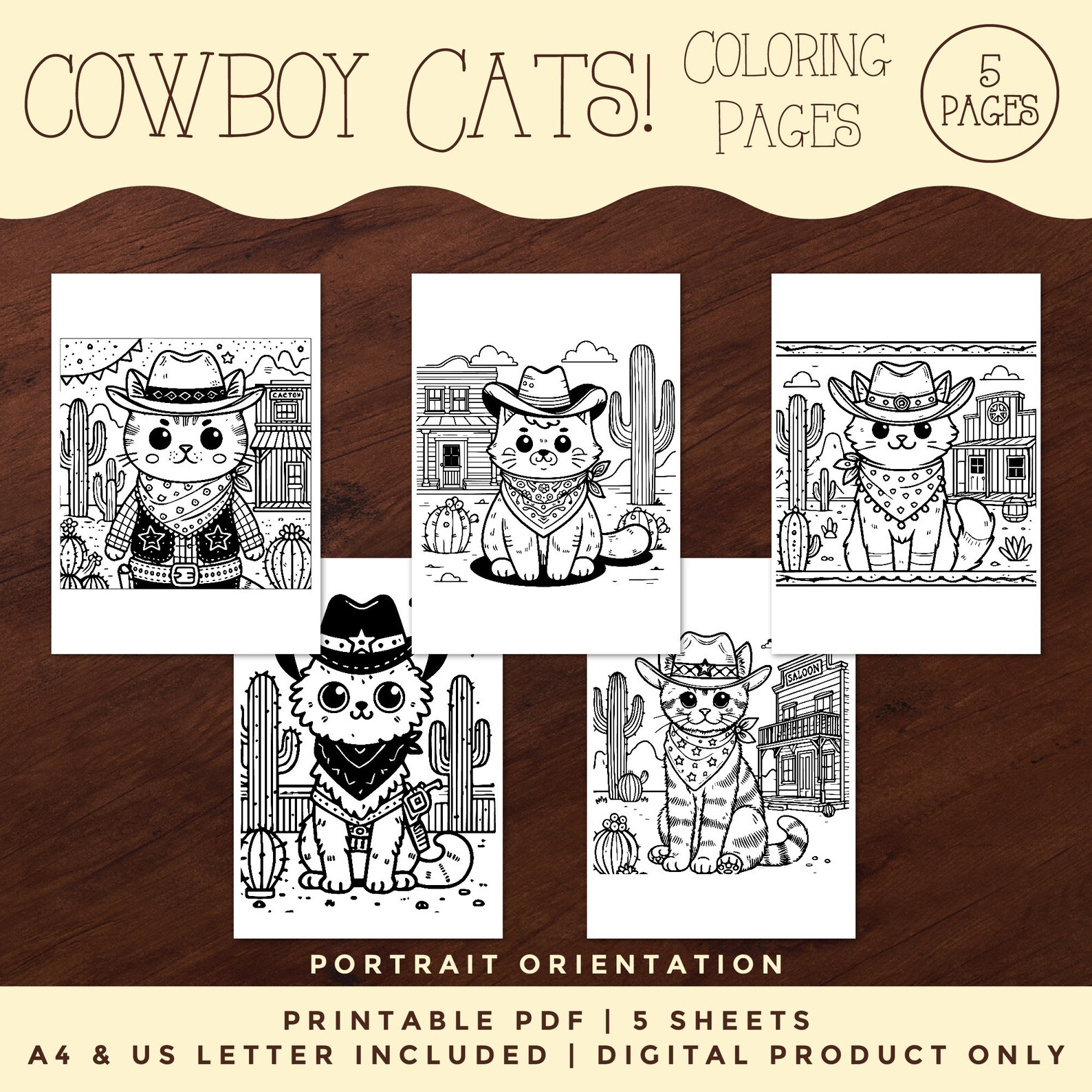 Cowboy Cats Coloring Pages, Kids Cute Cat Coloring Sheets, Printable ...