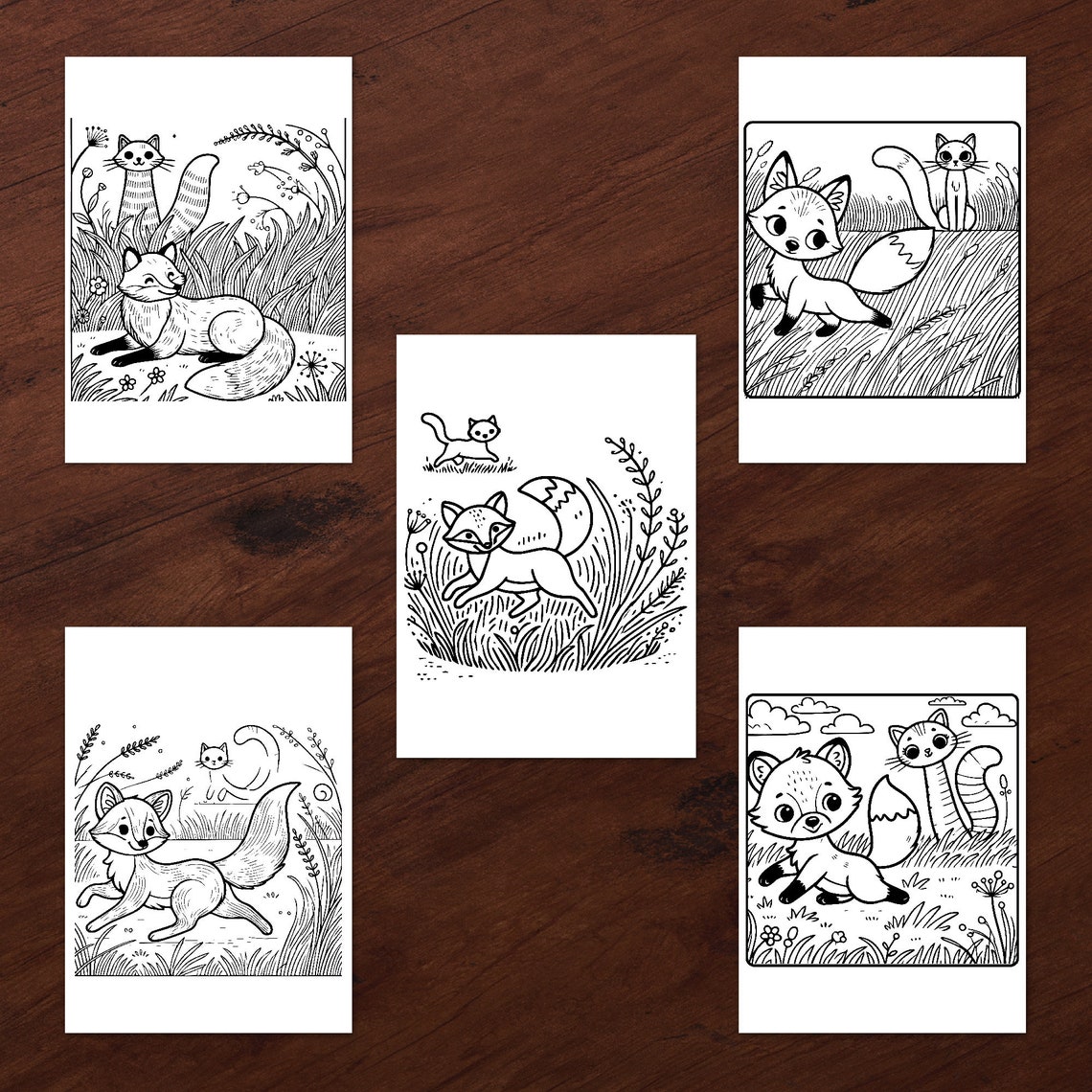 Cute Fox Coloring Pages, Kids Fox and Cat Coloring Sheets, Printable ...