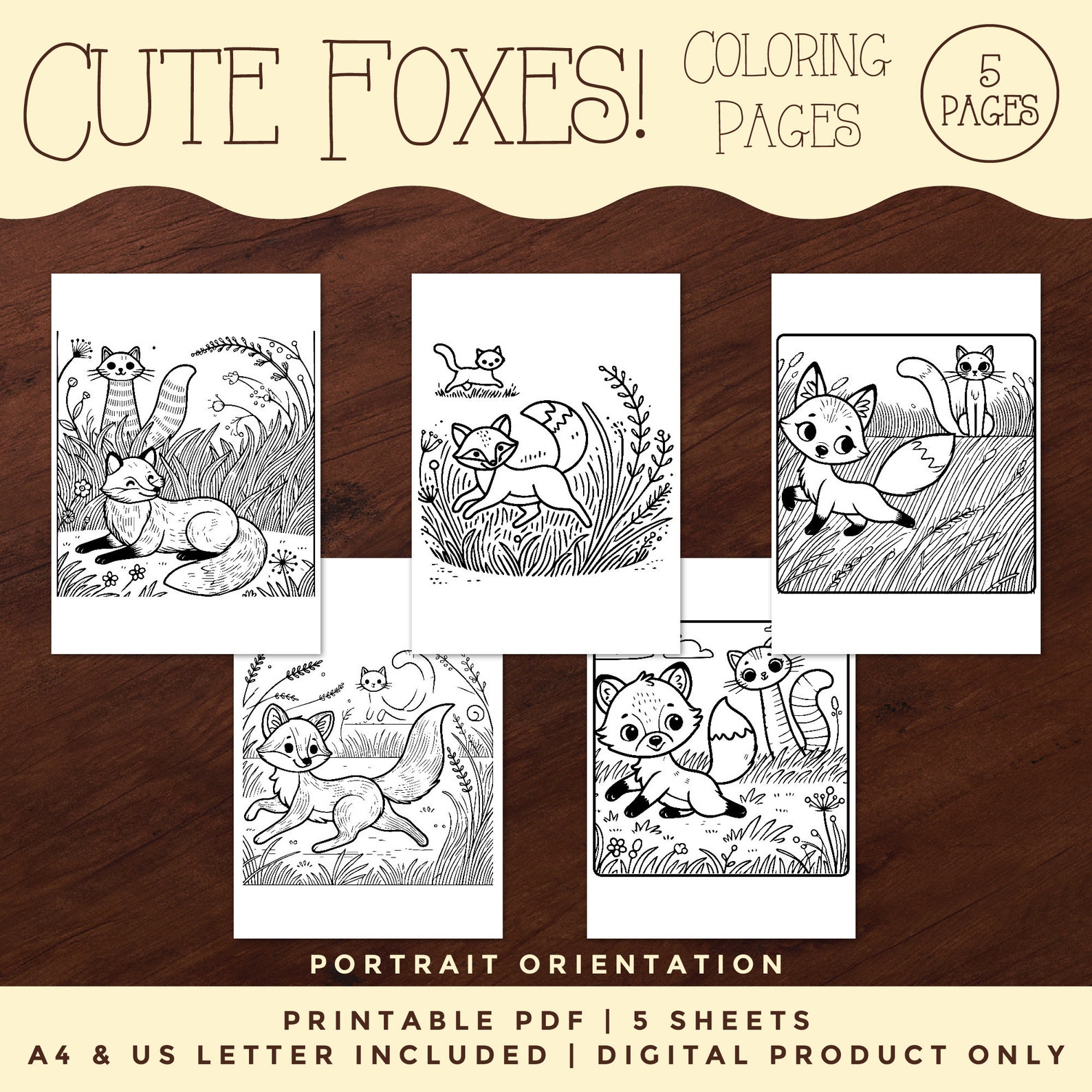 Cute Fox Coloring Pages, Kids Fox and Cat Coloring Sheets, Printable ...