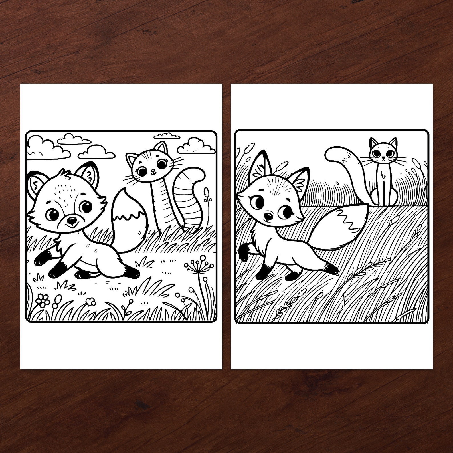 Cute Fox Coloring Pages, Kids Fox and Cat Coloring Sheets, Printable ...