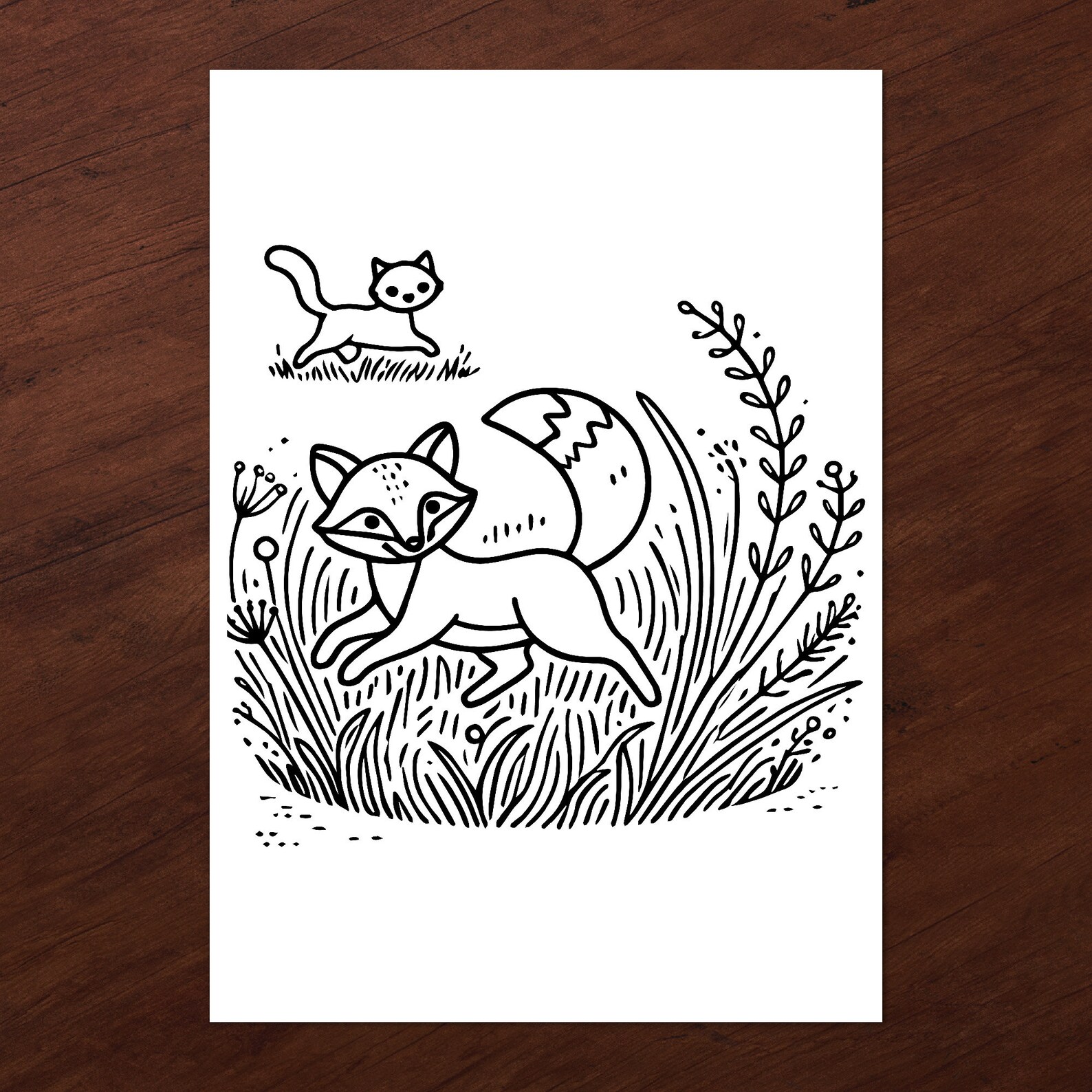 Cute Fox Coloring Pages, Kids Fox and Cat Coloring Sheets, Printable ...
