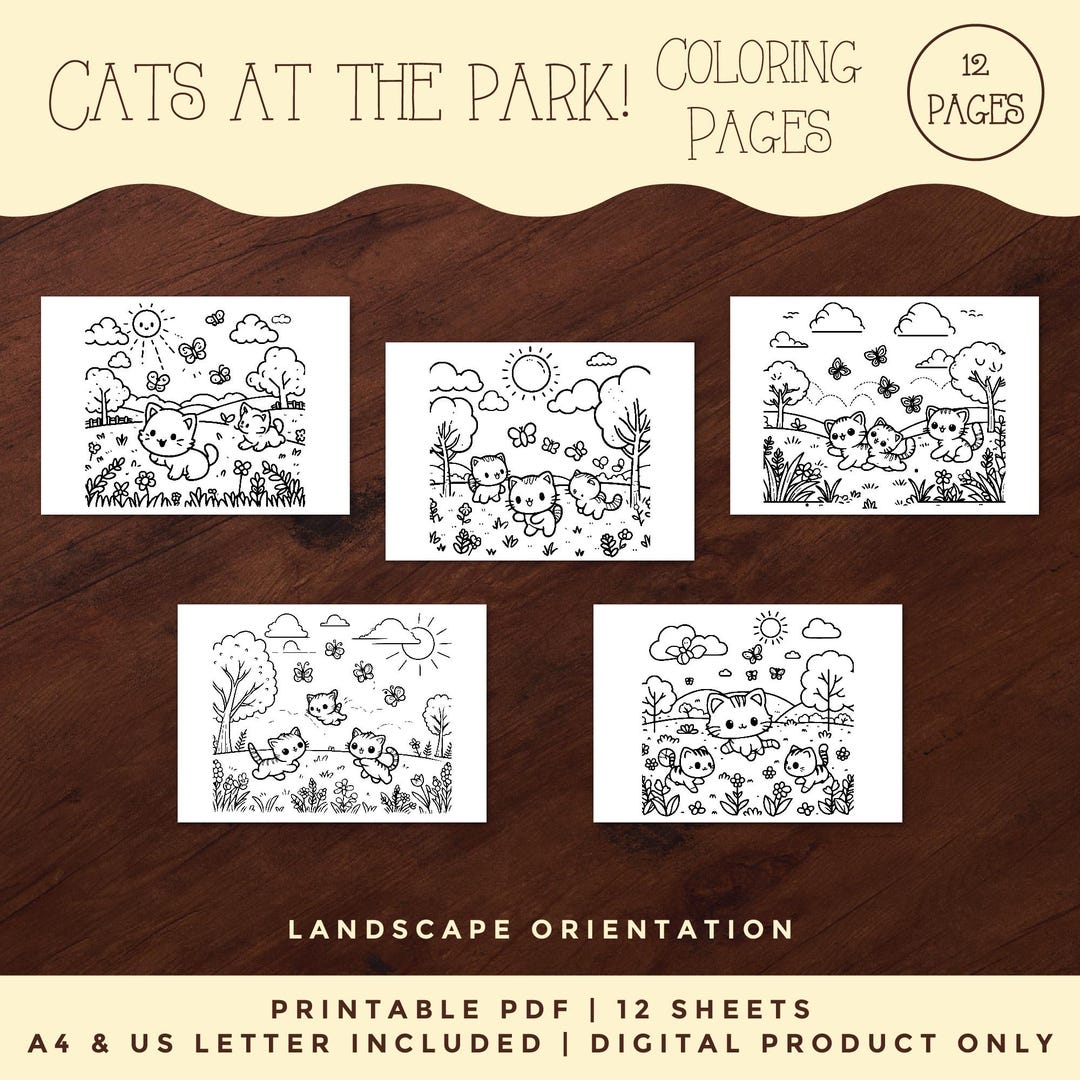 Cats at the Park! Coloring Pages, Kids Cute Cat Coloring Sheets ...