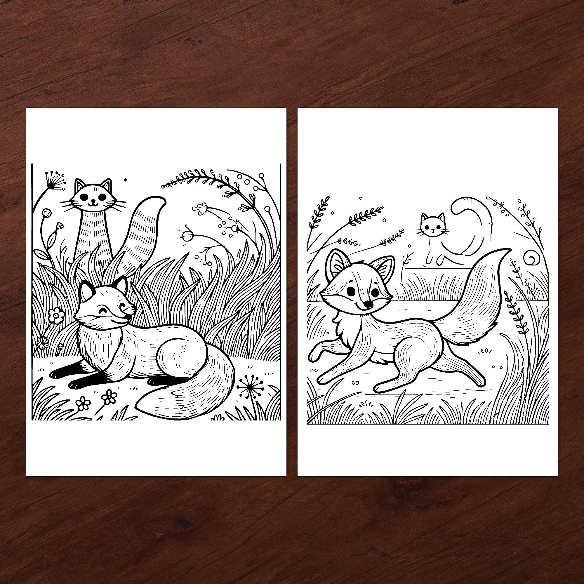 Cute Fox Coloring Pages, Kids Fox and Cat Coloring Sheets, Printable ...