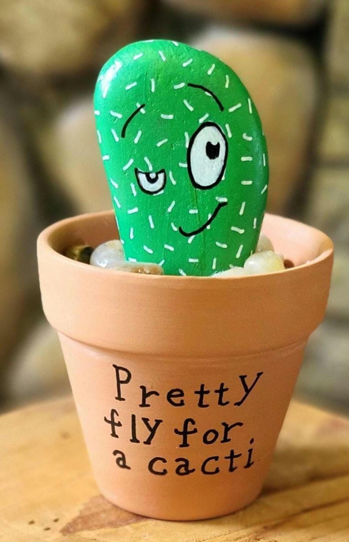 Hand-painted Cute Cactus Stone in Clay Pot. - Etsy