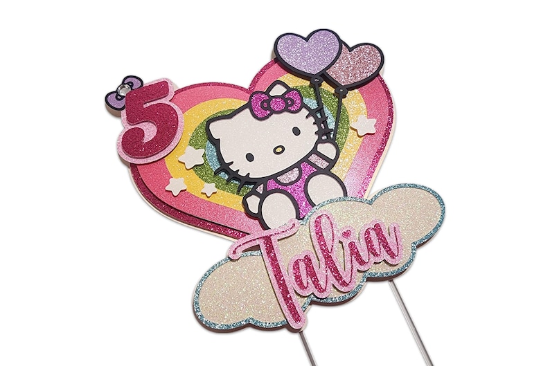 Custom Hello Kitty Heart-shaped Cake Topper – Pink & Rainbow Glitter ...