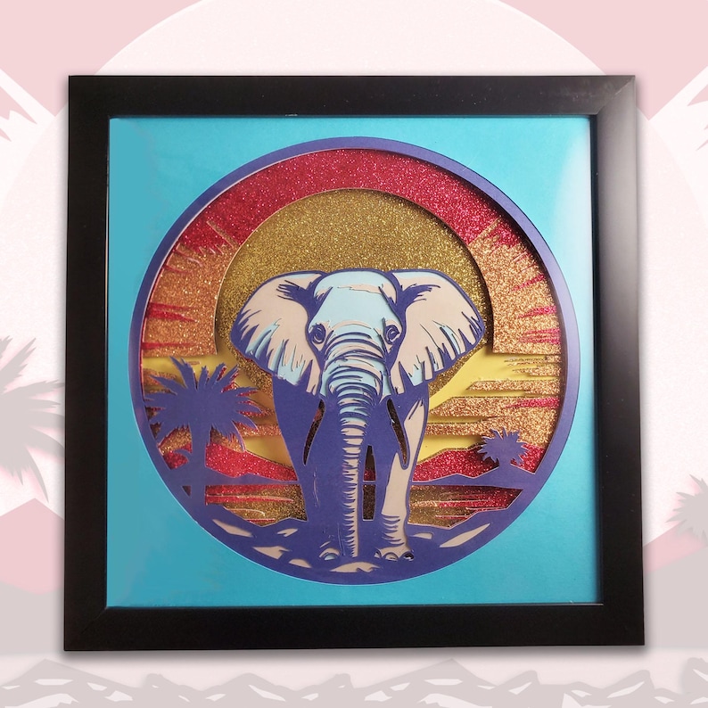Vibrant 3D Elephant Shadow Box | Desert Sunset Layered Paper Art in Black Frame | Symbolize ...