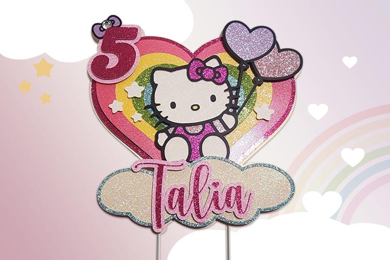 Custom Hello Kitty Heart-shaped Cake Topper – Pink & Rainbow Glitter ...