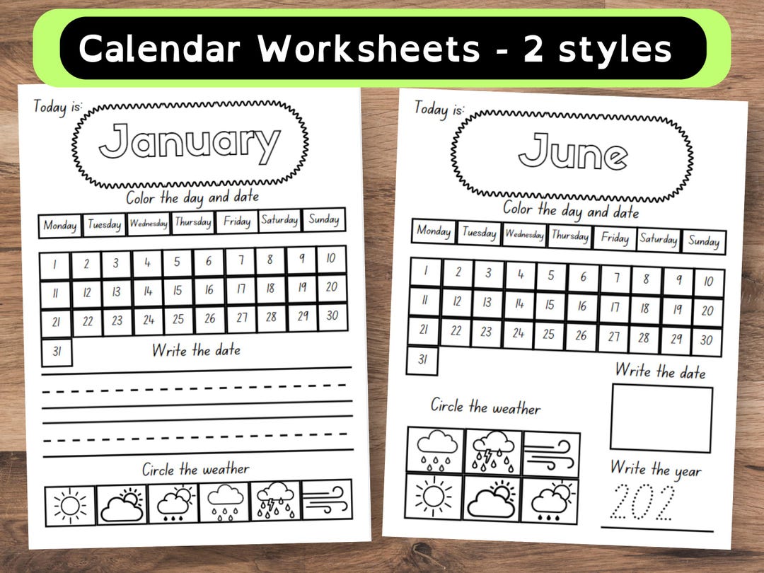 Printable Preschool Calendar Worksheet Pages | 2 Styles: Month, Day ...