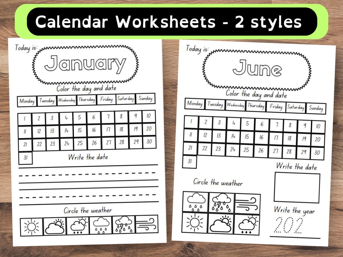 Printable Preschool Calendar Worksheet Pages | 2 Styles: Month, Day ...