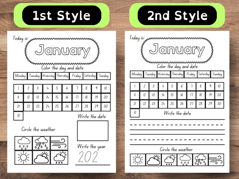 Printable Preschool Calendar Worksheet Pages | 2 Styles: Month, Day ...