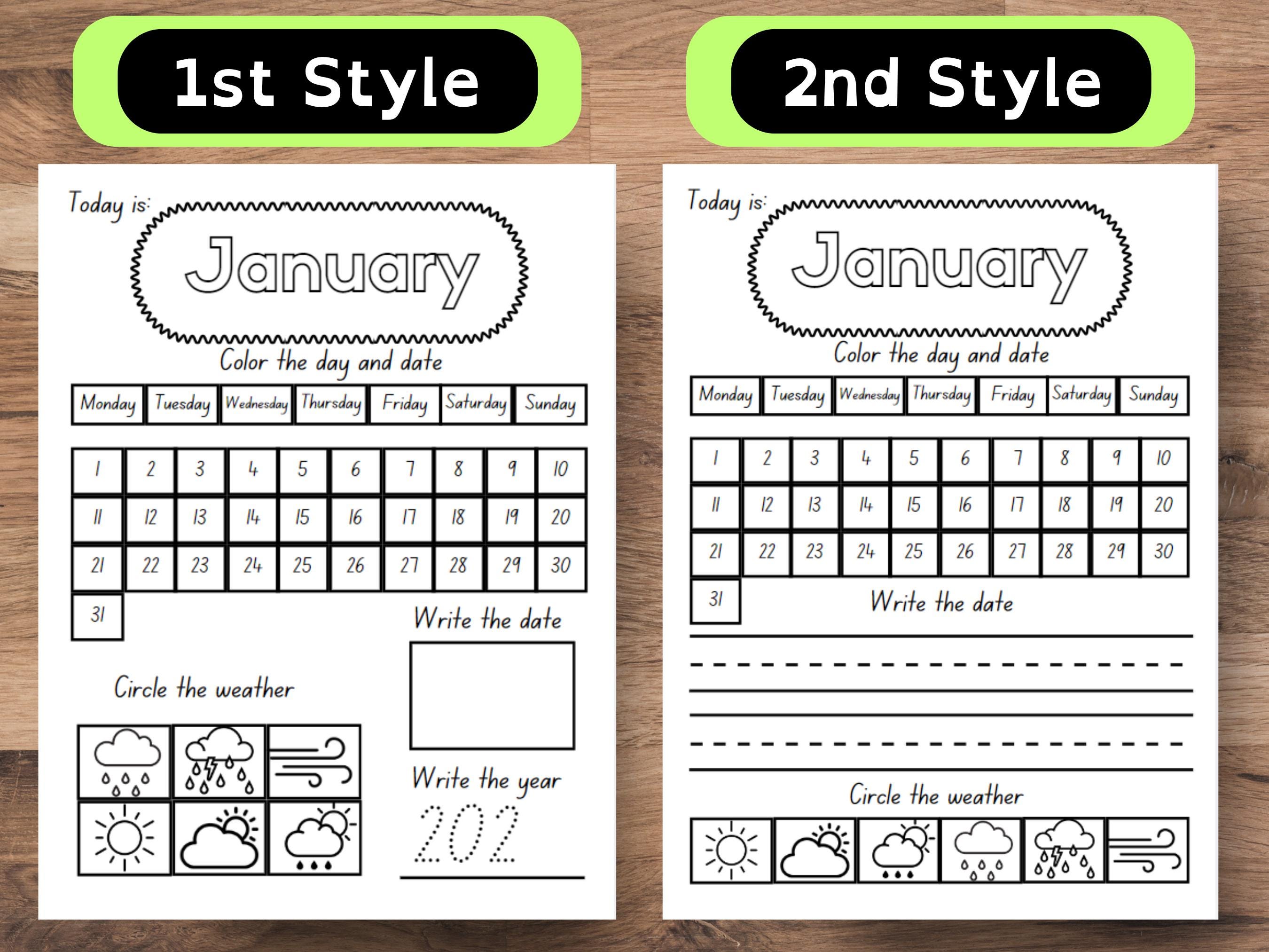 Printable Preschool Calendar Worksheet Pages | 2 Styles: Month, Day ...