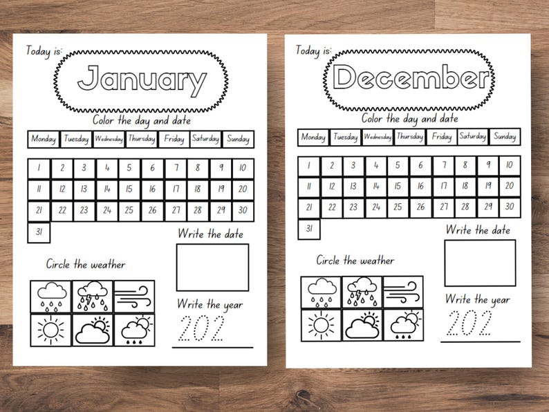 Printable Preschool Calendar Worksheet Pages | 2 Styles: Month, Day ...